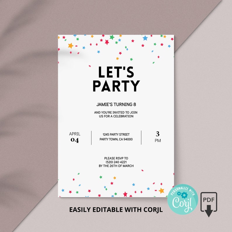 Editable Confetti Party Invitation | Let's Party | Unisex Party ...
