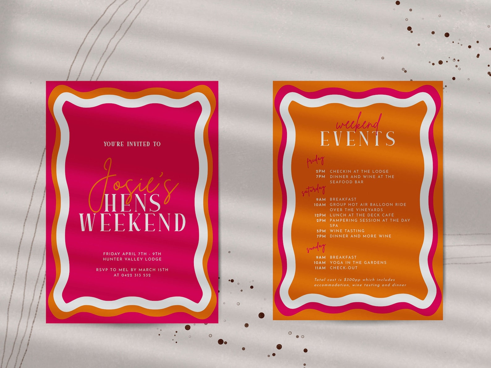 Hens Weekend Invitation With Wavy Border | Orange & Pink Bachelorette ...