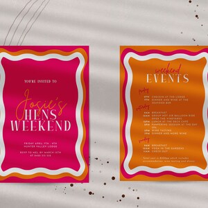 Hens Weekend Invitation With Wavy Border | Orange & Pink Bachelorette ...
