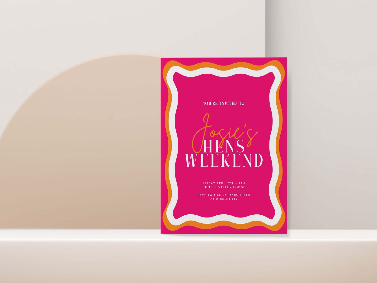 Hens Weekend Invitation With Wavy Border Orange & Pink Bachelorette ...