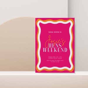 Hens Weekend Invitation With Wavy Border | Orange & Pink Bachelorette ...