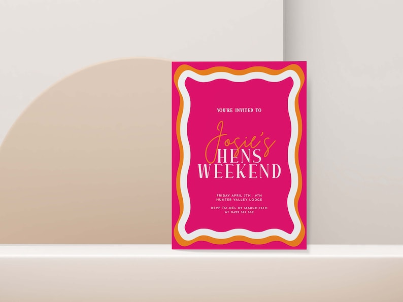 Hens Weekend Invitation With Wavy Border | Orange & Pink Bachelorette ...