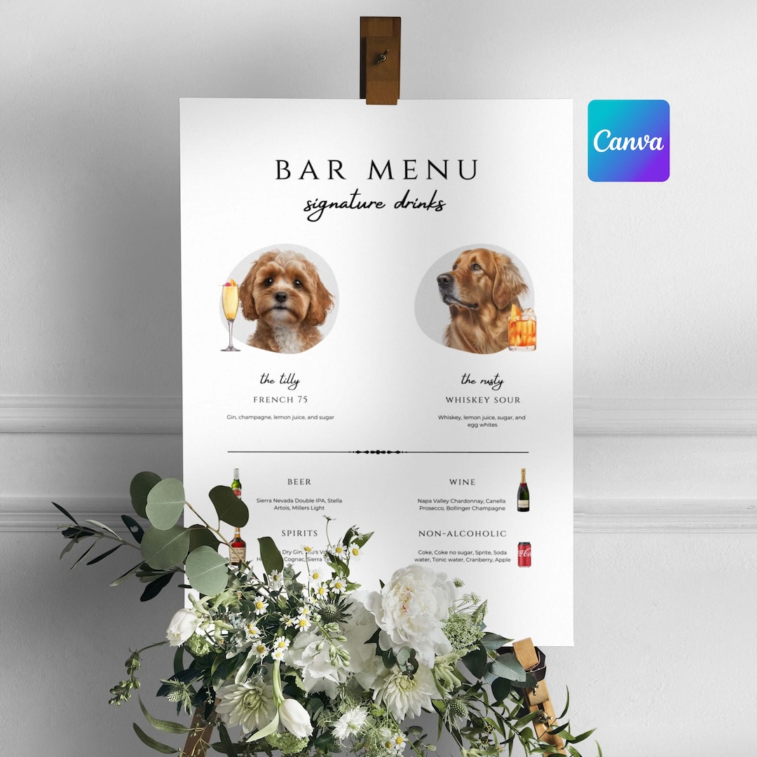 Editable Dog Bar Menu Sign for Wedding | Dog Wedding Bar Menu Template ...