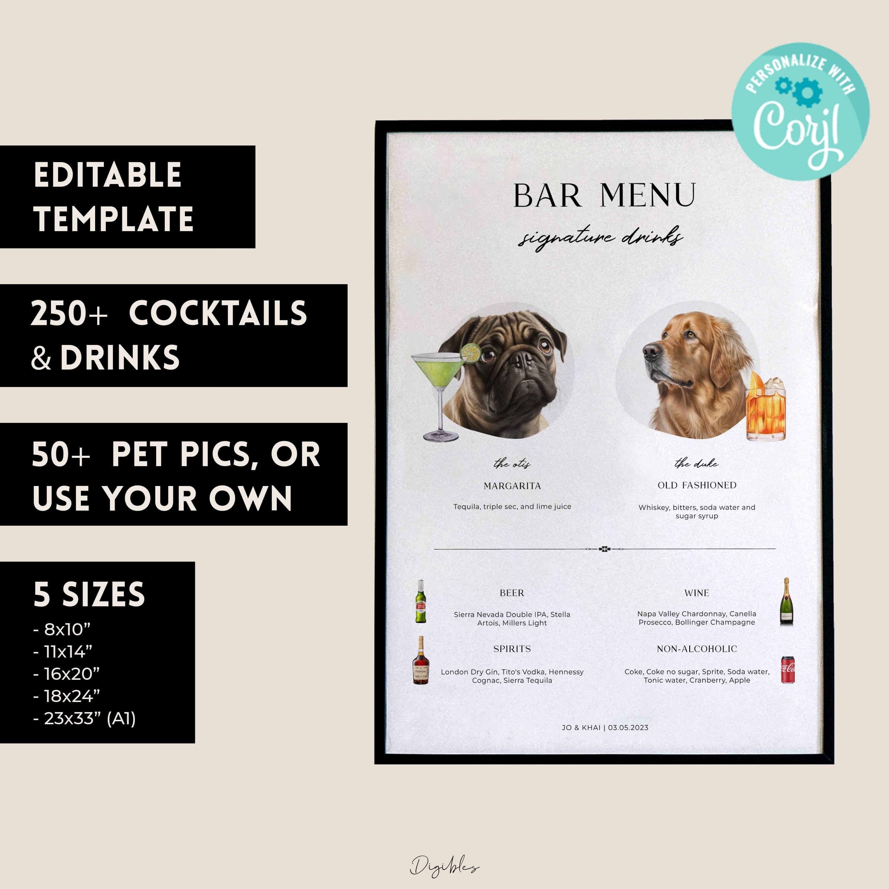 Editable Dog Bar Menu Sign for Wedding | Dog Wedding Bar Menu Template ...