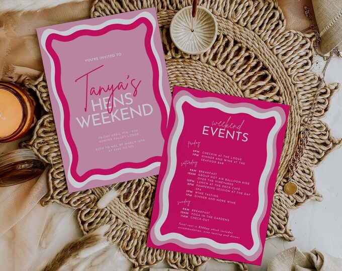 Hens Weekend Invitation With Wavy Border | Orange & Pink Bachelorette ...