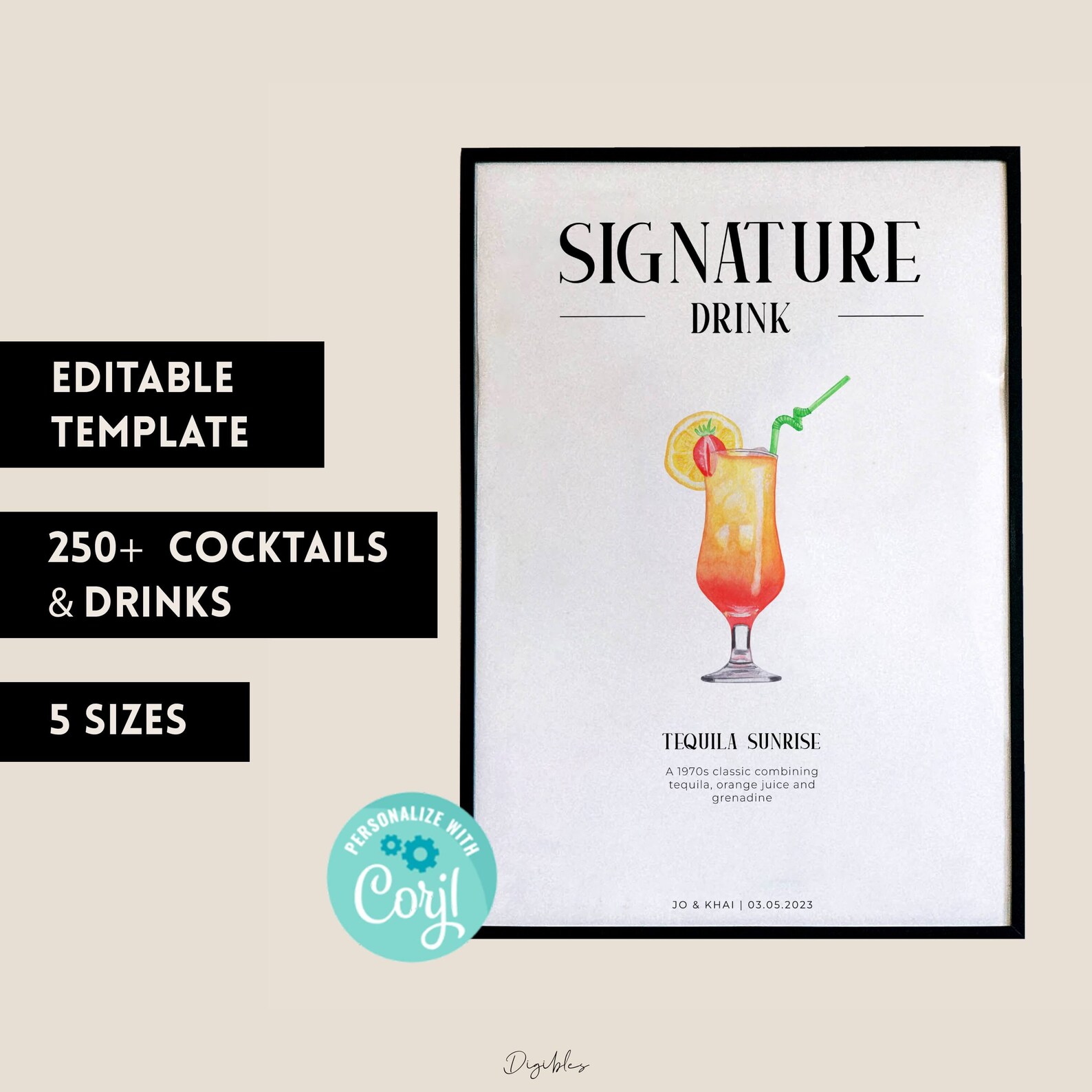 Signature Drink Bar Menu Sign Template for Wedding | Editable Signature ...