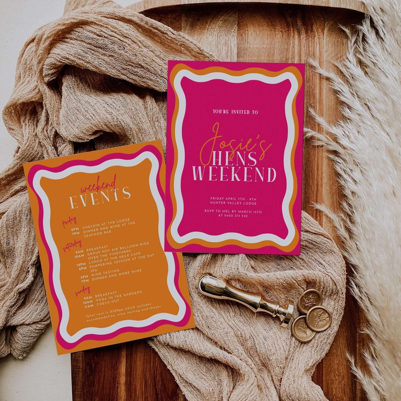 Hens Weekend Invitation With Wavy Border | Orange & Pink Bachelorette ...