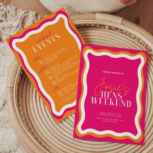 Hens Weekend Invitation With Wavy Border | Orange & Pink Bachelorette ...