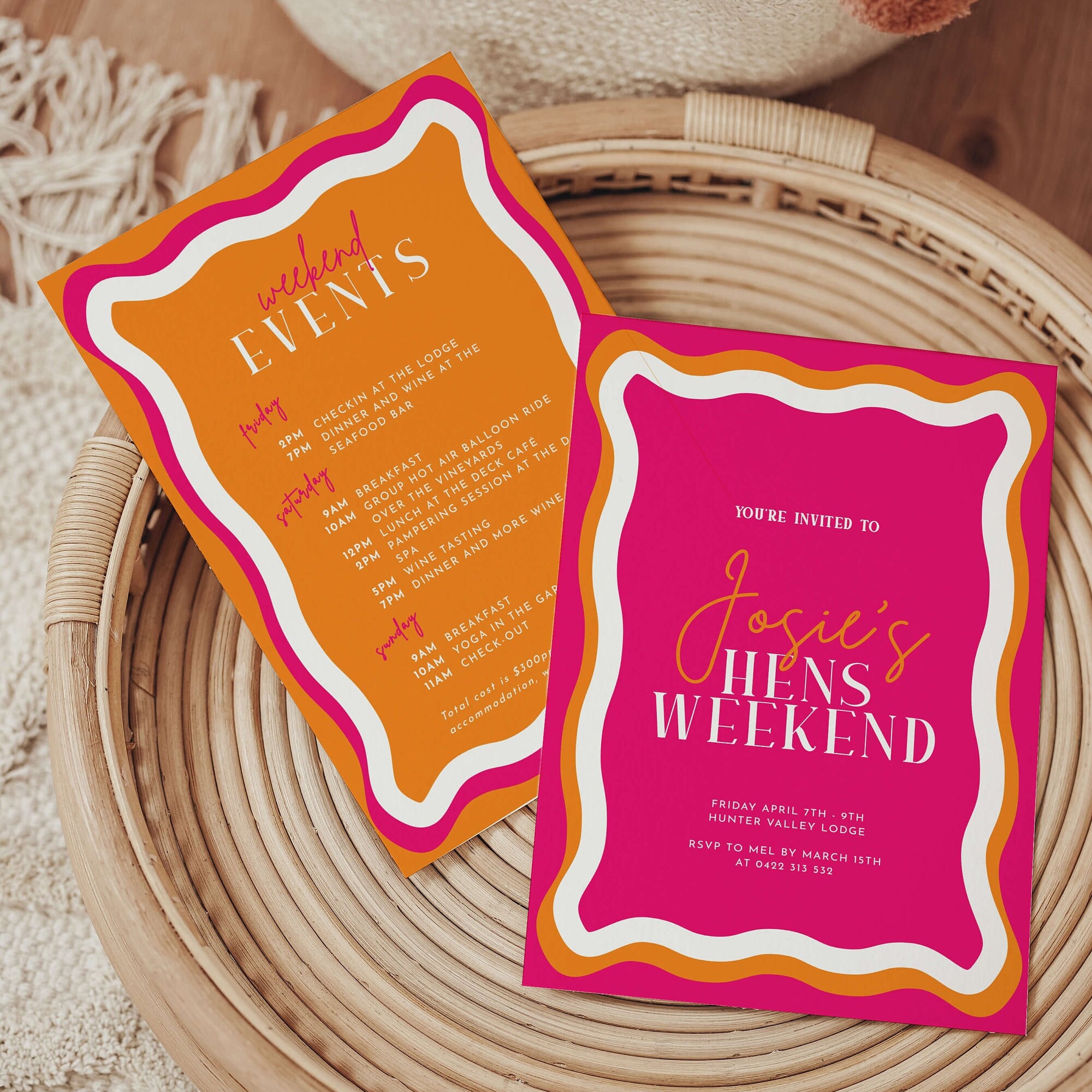 Hens Weekend Invitation With Wavy Border | Orange & Pink Bachelorette ...
