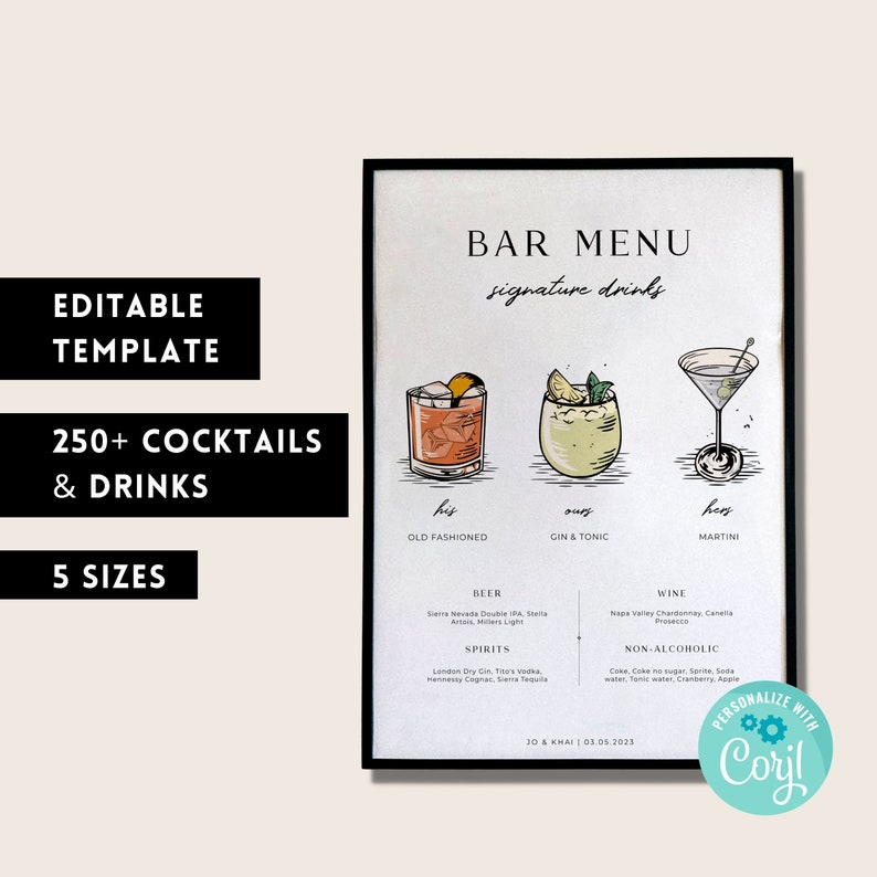 Customizable Bar Menu Sign Template for Weddings | Elegant ...