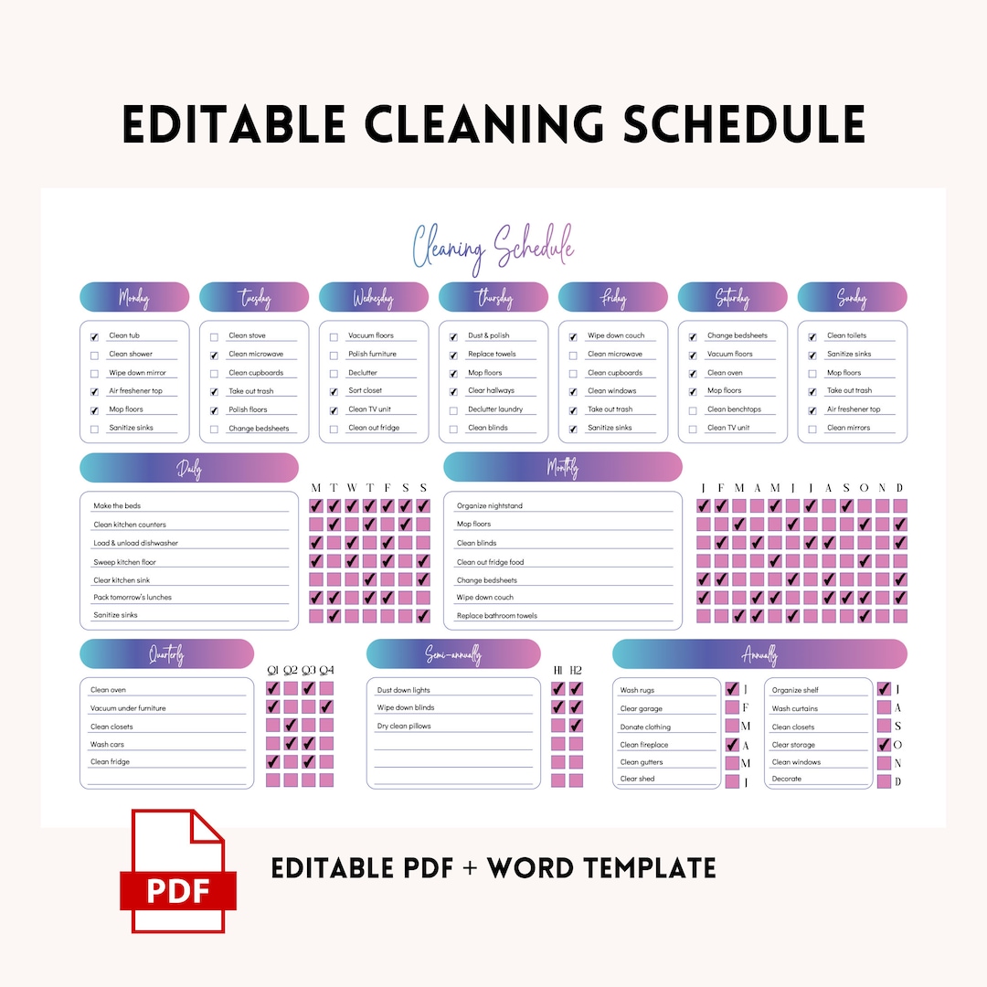 Editable Cleaning Schedule Printable PDF | Cleaning Checklist | Daily ...