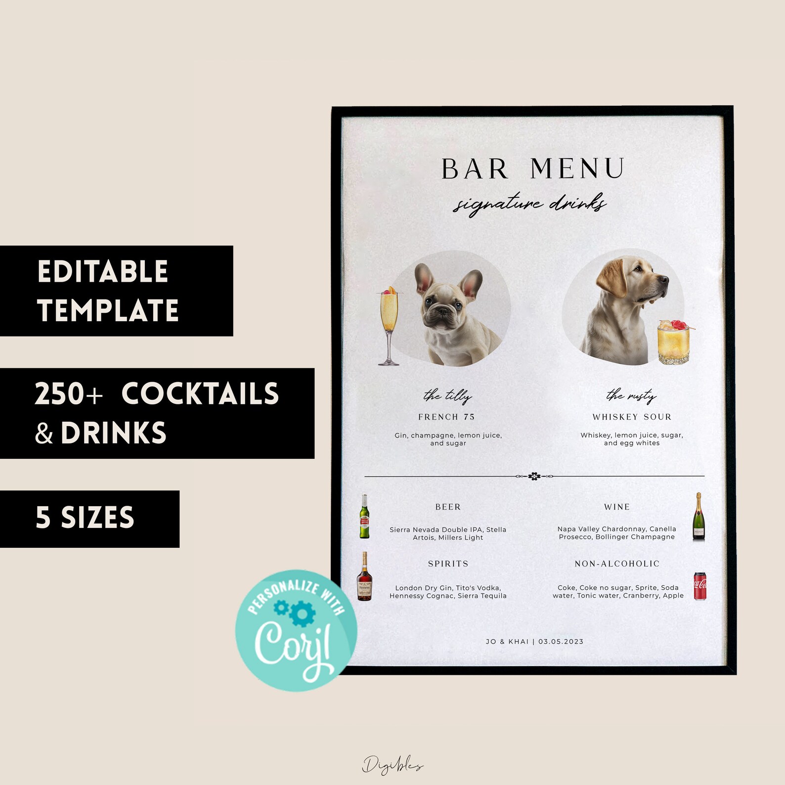 Editable Dog Bar Menu Sign for Wedding | Dog Wedding Bar Menu Template ...