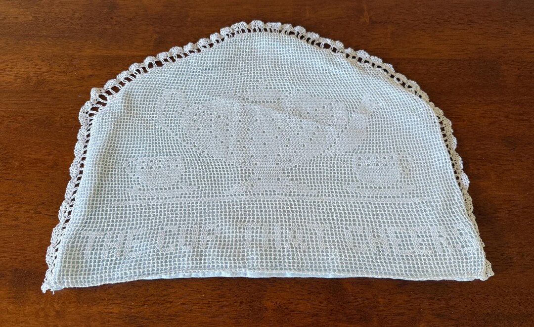 Mary Card Design Filet Lace Crochet Tea Cosy White With Pale Blue ...
