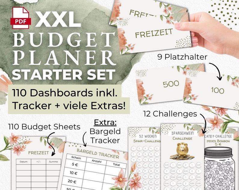 Budget Planer XXL Starter Set PDF Download 110 Deckblätter Budget Sheets, Sparchallenges ...
