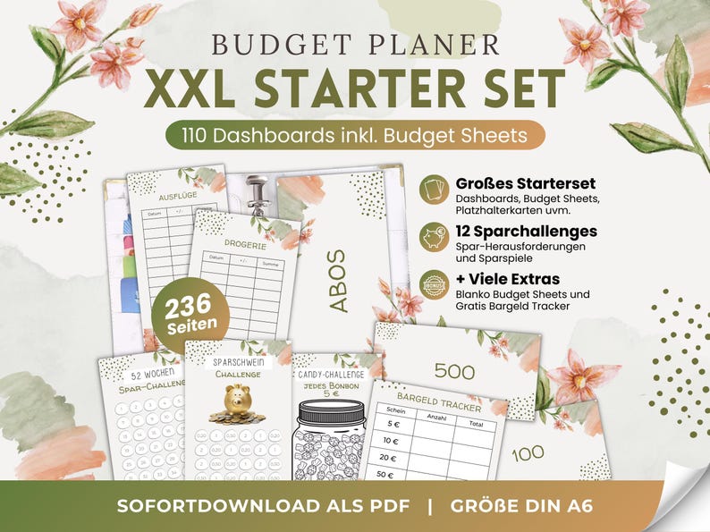 Budget Planer XXL Starter Set PDF Download | 110 Deckblätter + Budget Sheets, Sparchallenges ...