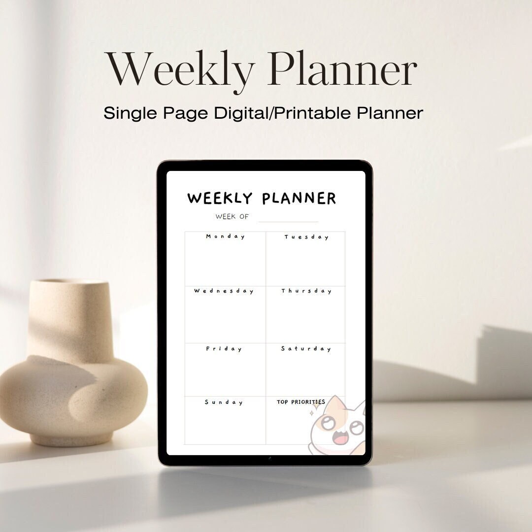 Weekly Single Page Planner, Printable Planner, Instant Download, Weekly ...