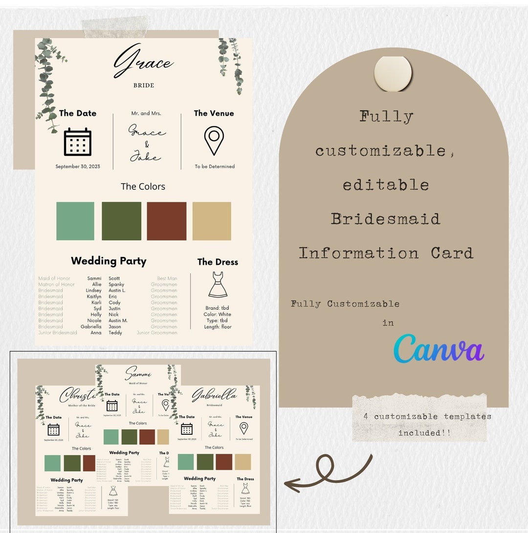 Bridesmaid Info Sheet, Editable Info Template, Wedding Info, Wedding ...