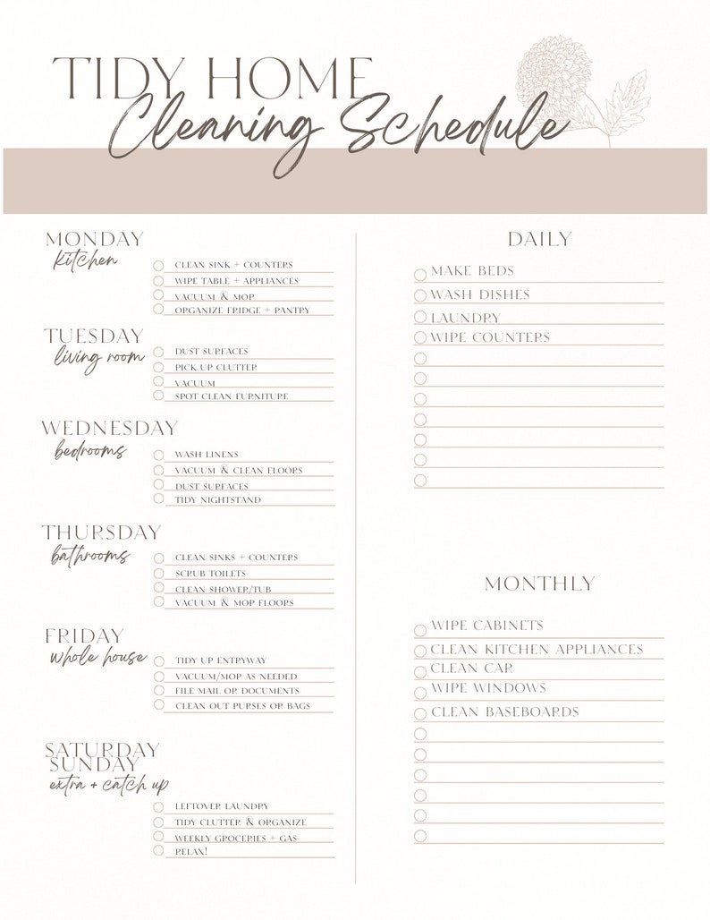 Weekly Cleaning Schedule, Printable Daily Cleaning Routine, Tidy Home ...