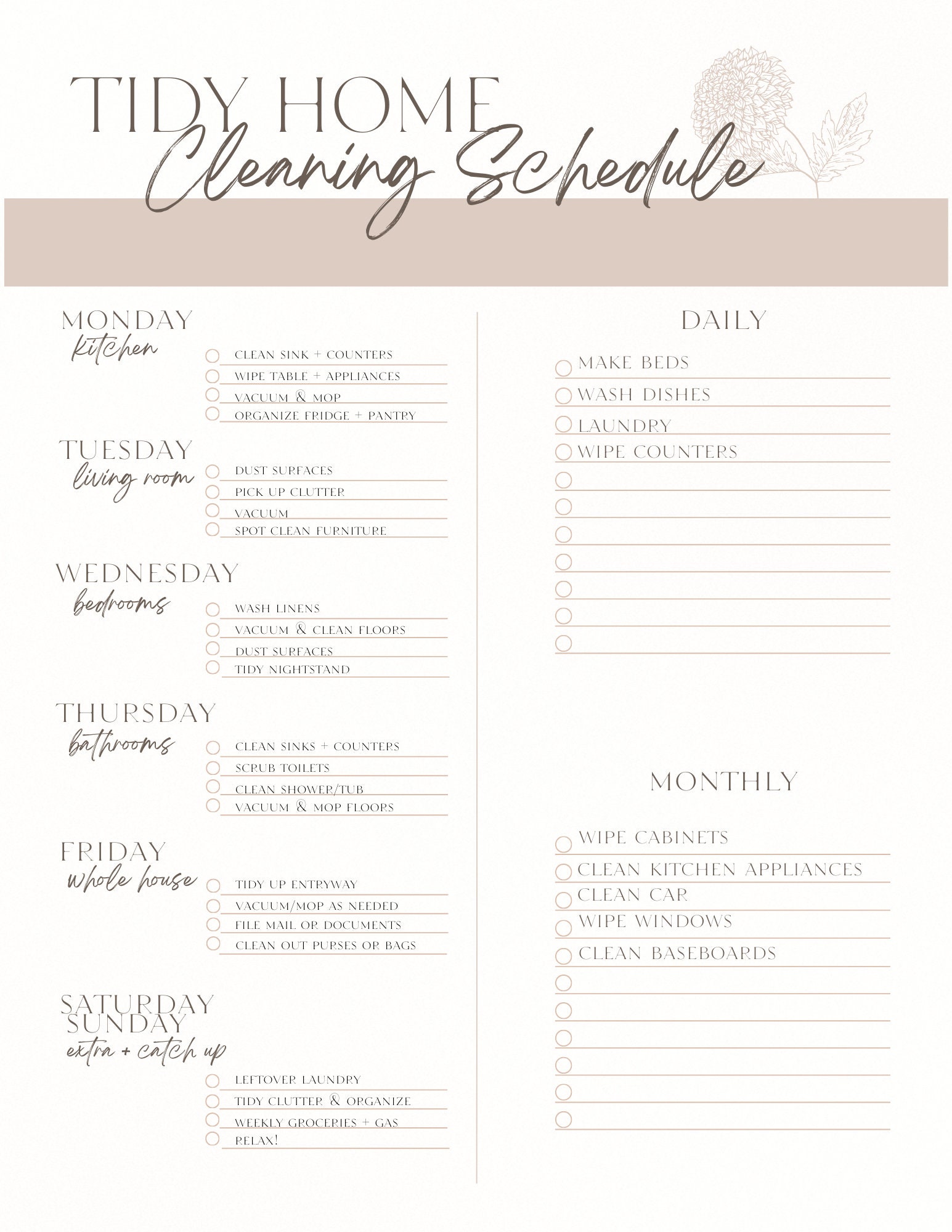 Weekly Cleaning Schedule, Printable Daily Cleaning Routine, Tidy Home ...