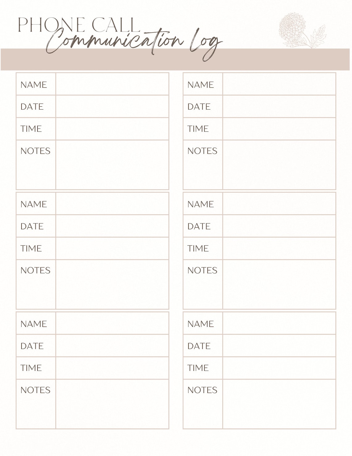 Phone Call Log, Editable Printable Communication Log, Fillable Template ...