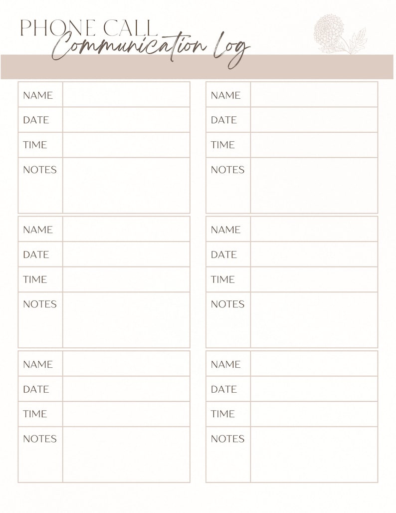Phone Call Log, Editable Printable Communication Log, Fillable Template ...