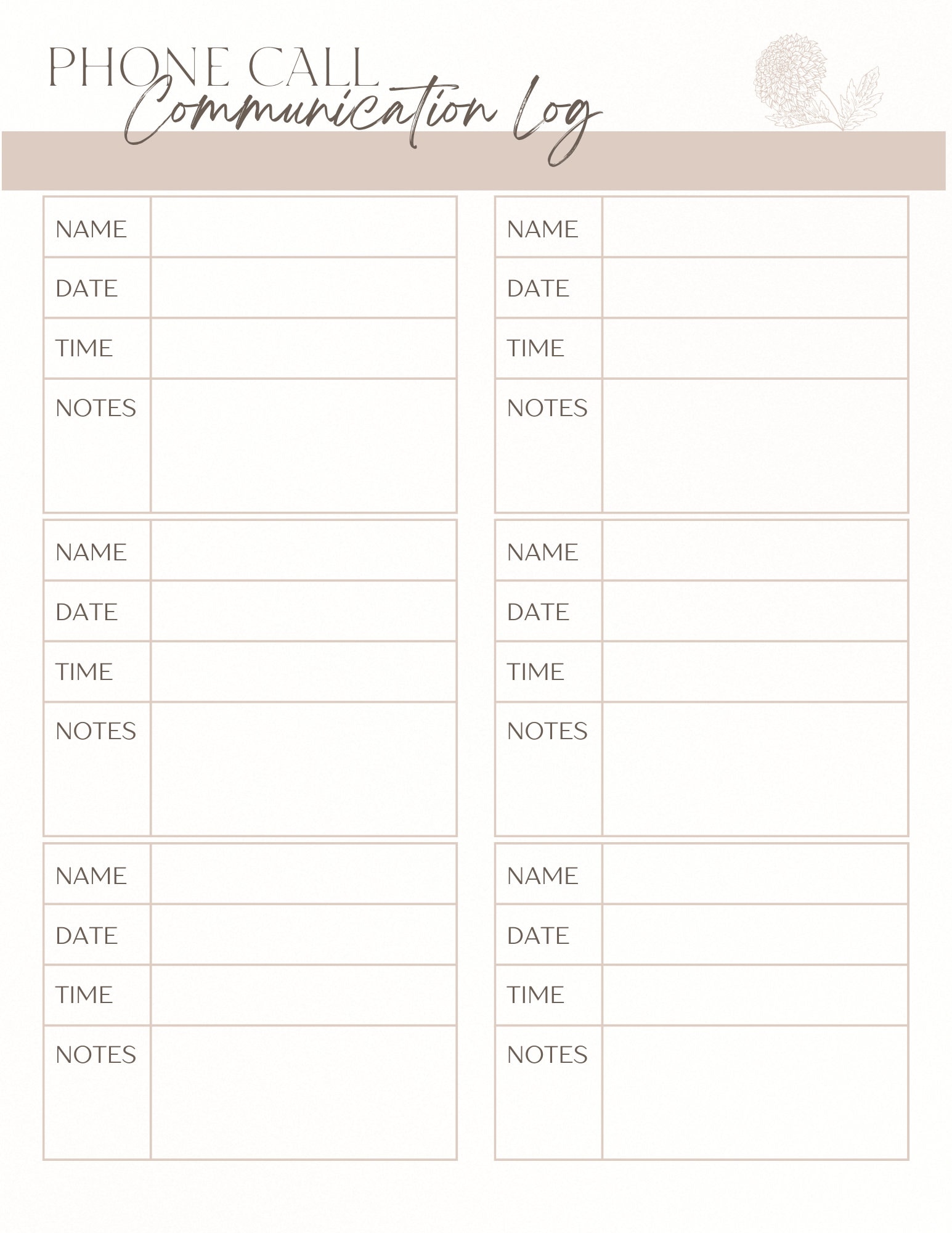 Phone Call Log, Editable Printable Communication Log, Fillable Template ...