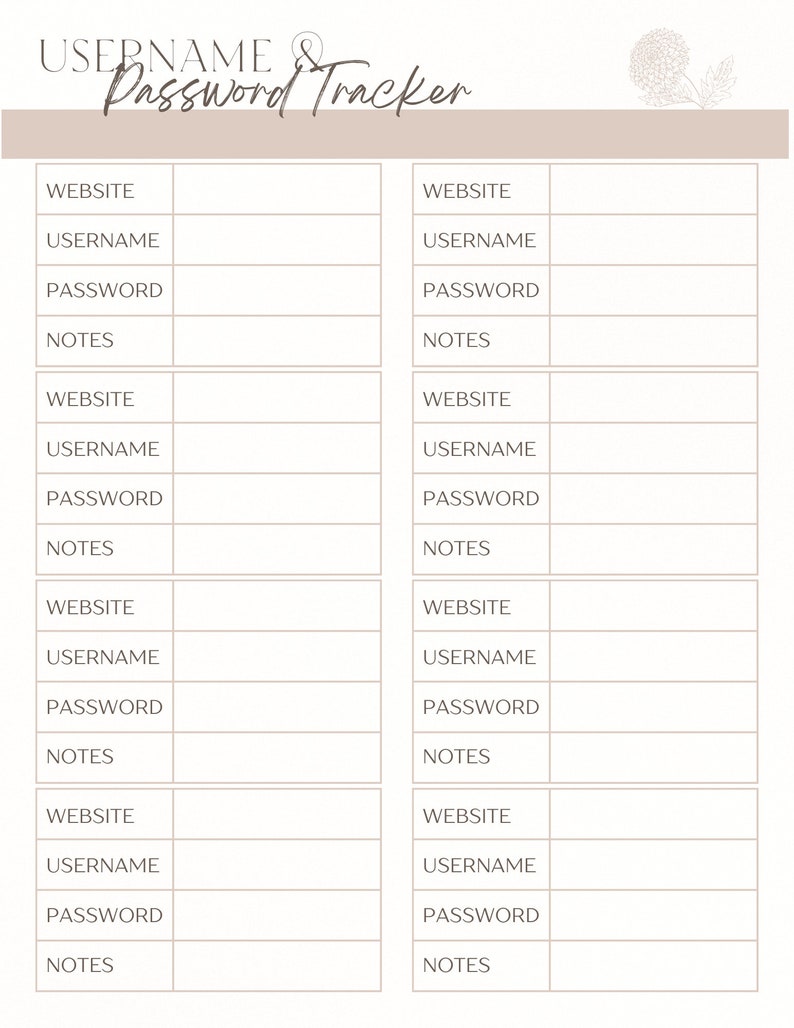 Printable Password Tracker, Username and Password Log, Password Keeper ...