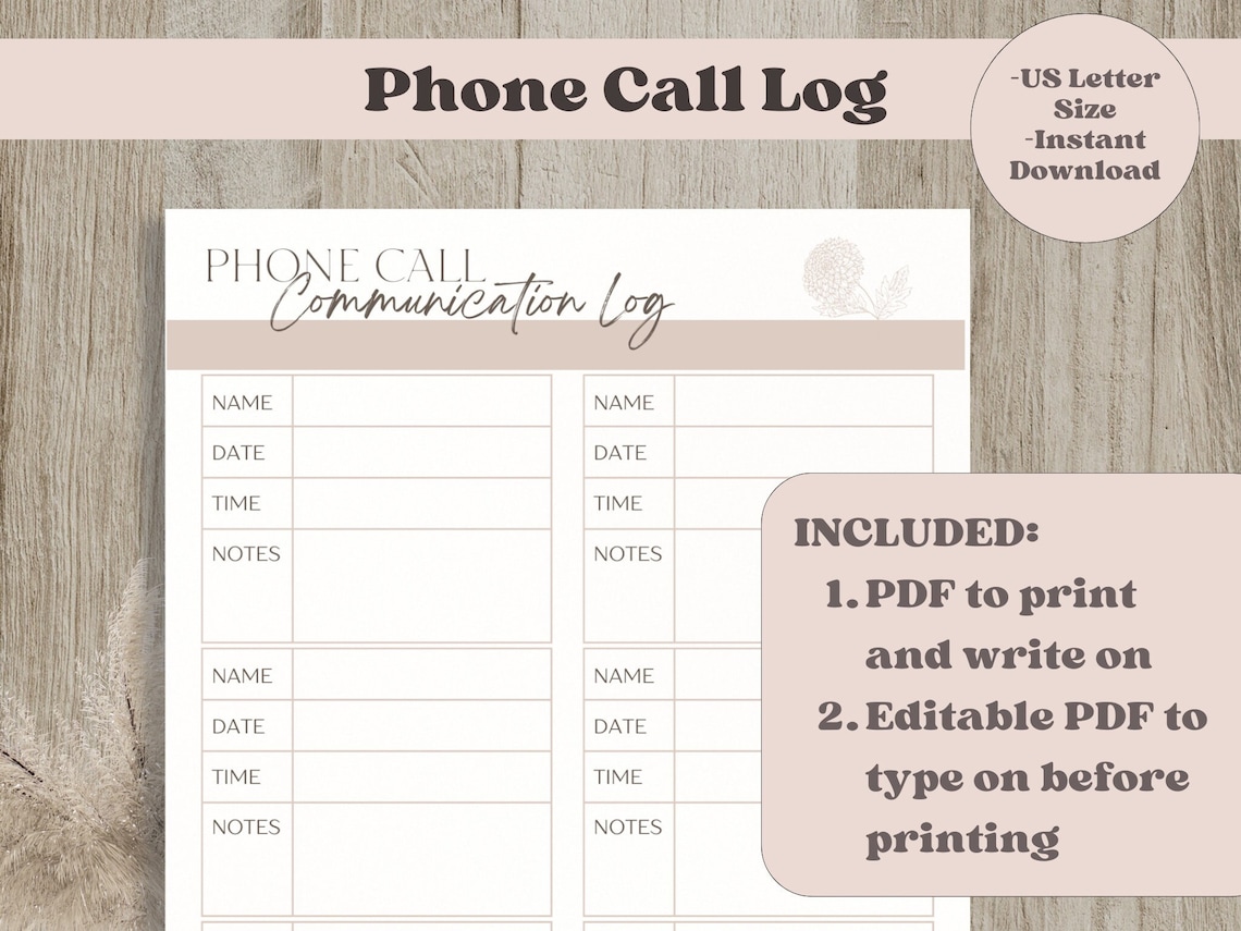 Phone Call Log, Editable Printable Communication Log, Fillable Template ...