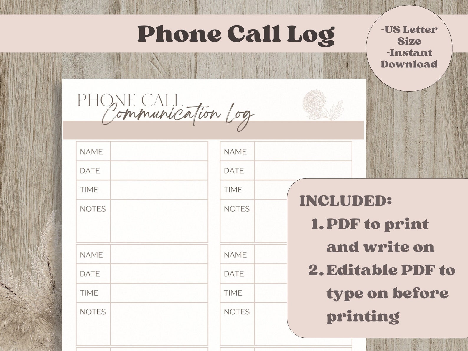 Phone Call Log, Editable Printable Communication Log, Fillable Template ...
