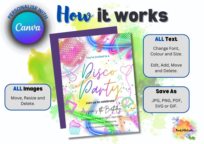 Editable Disco Party Birthday Invitation Template | Disco | Neon Glow Dance Party | Neon Glow ...