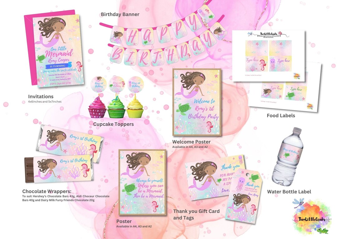 Mermaid 01 Digital DIY Editable Birthday Bundle - Etsy