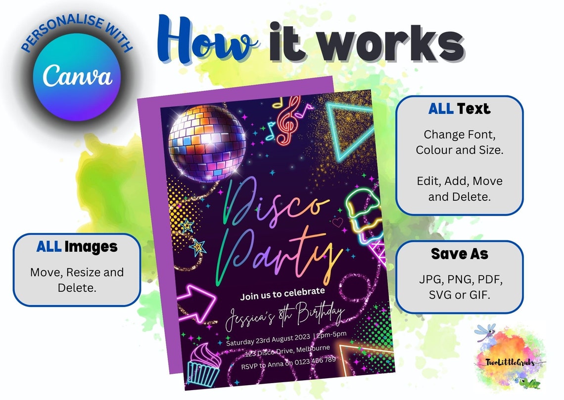 Editable Disco Party Birthday Invitation Template | Disco | Neon Glow ...