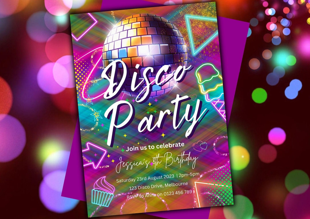 Editable Disco Party Birthday Invitation Template | Disco | Neon Glow ...