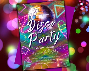 Editable Disco Party Birthday Invitation Template | Disco | Neon Glow ...