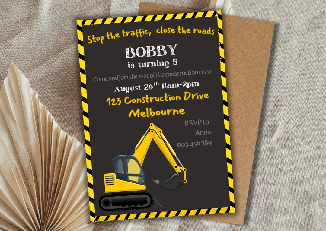 Editable Construction Birthday Invitation Template | Excavator Birthday ...