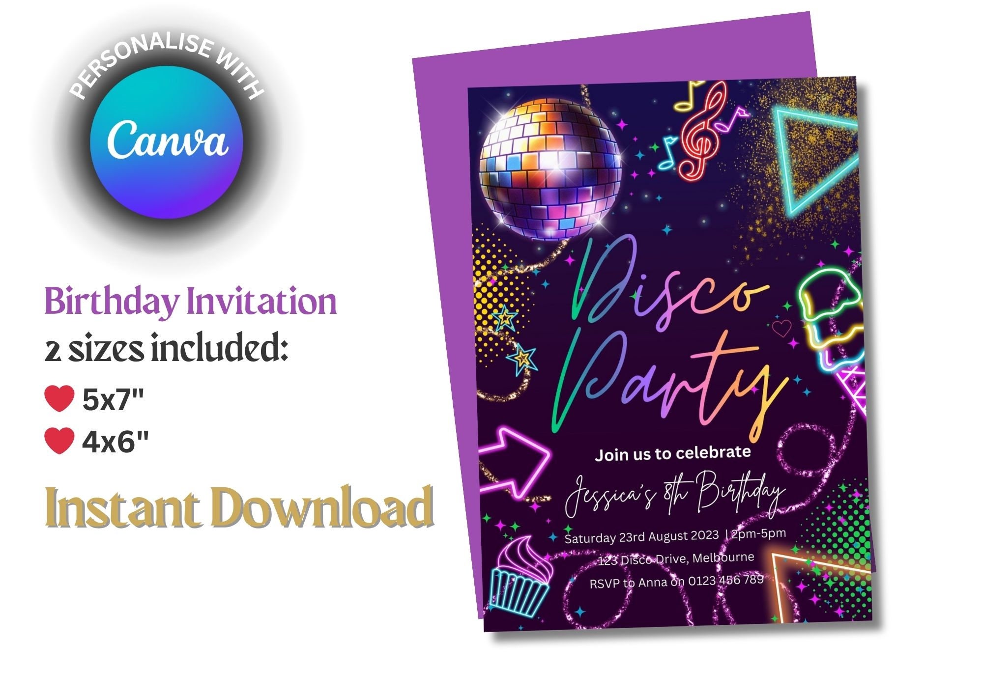 Editable Disco Party Birthday Invitation Template | Disco | Neon Glow ...