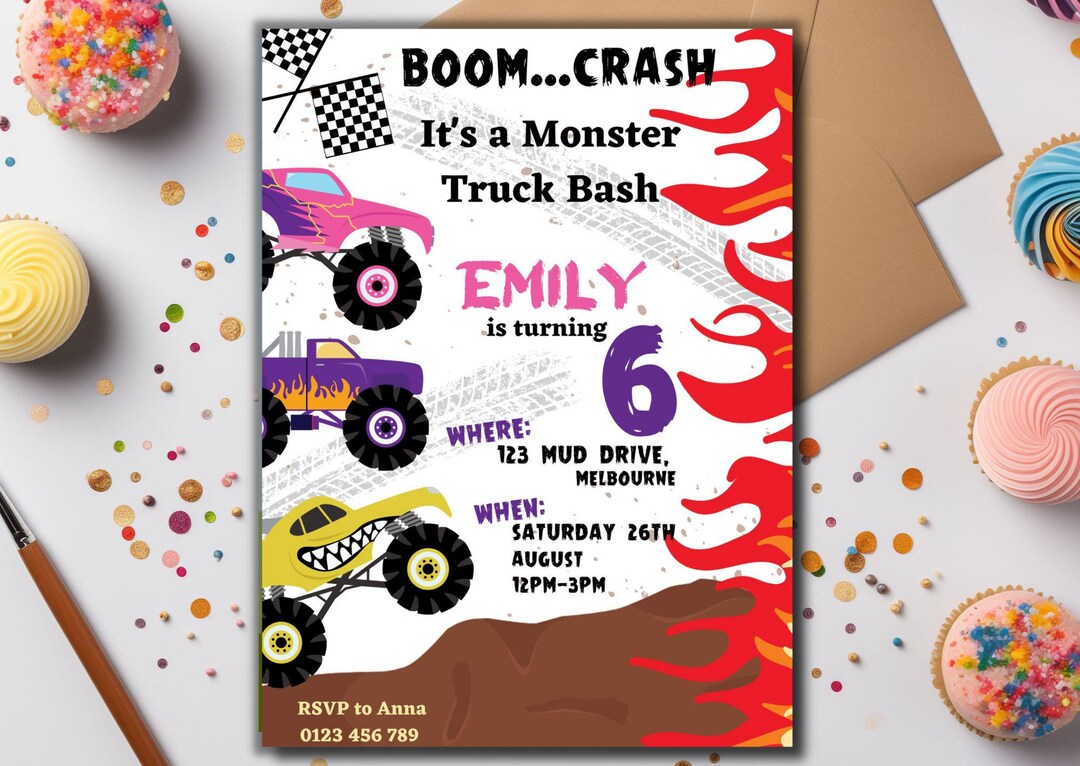 Editable Monster Trucks Birthday Invitation Template | Monster Trucks ...