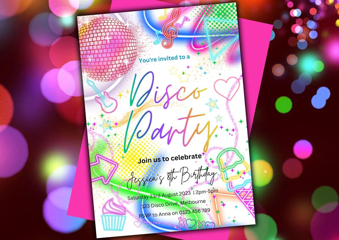 Editable Disco Party Birthday Invitation Template | Disco | Neon Glow ...