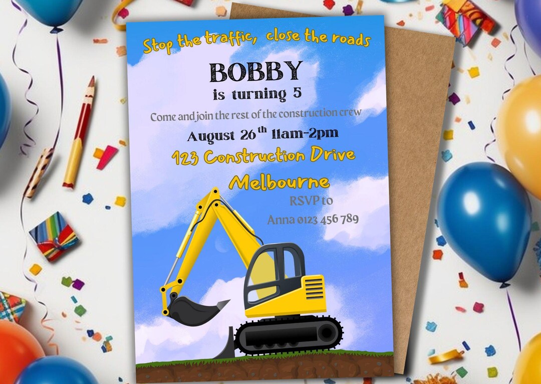 Editable Construction Birthday Invitation Template | Excavator Birthday ...