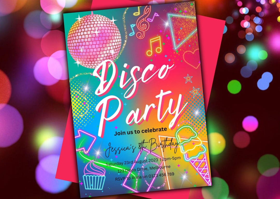 Editable Disco Party Birthday Invitation Template | Disco | Neon Glow ...