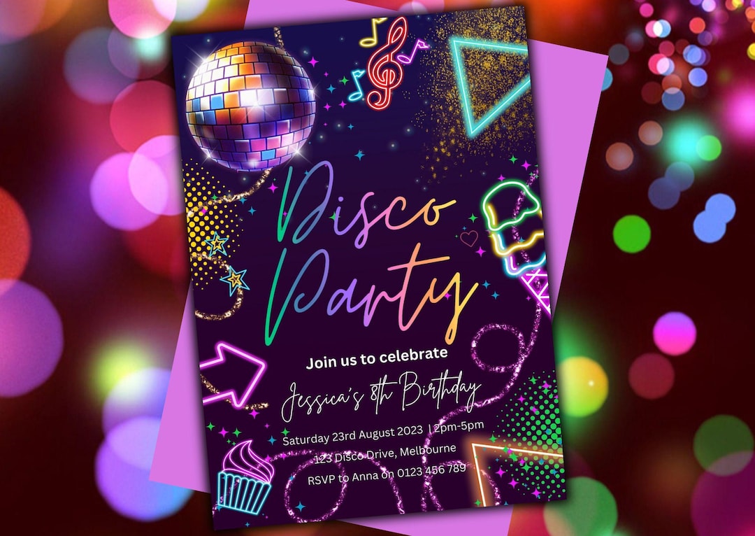 Editable Disco Party Birthday Invitation Template | Disco | Neon Glow ...