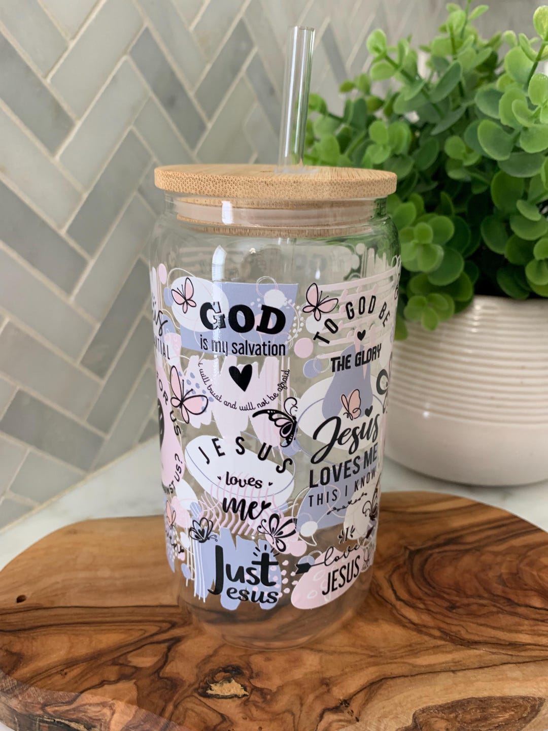 Christian Glass Can Iced Coffee Cup, 160z Glass Cup With Lid and Straw ...