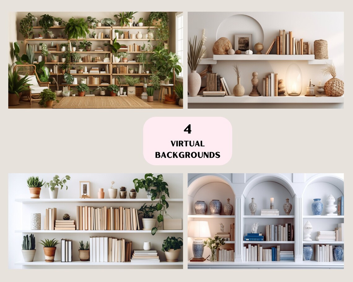 Virtual Background Bundle 4 Bookcase, Bookshelf, Shelving Themed ...