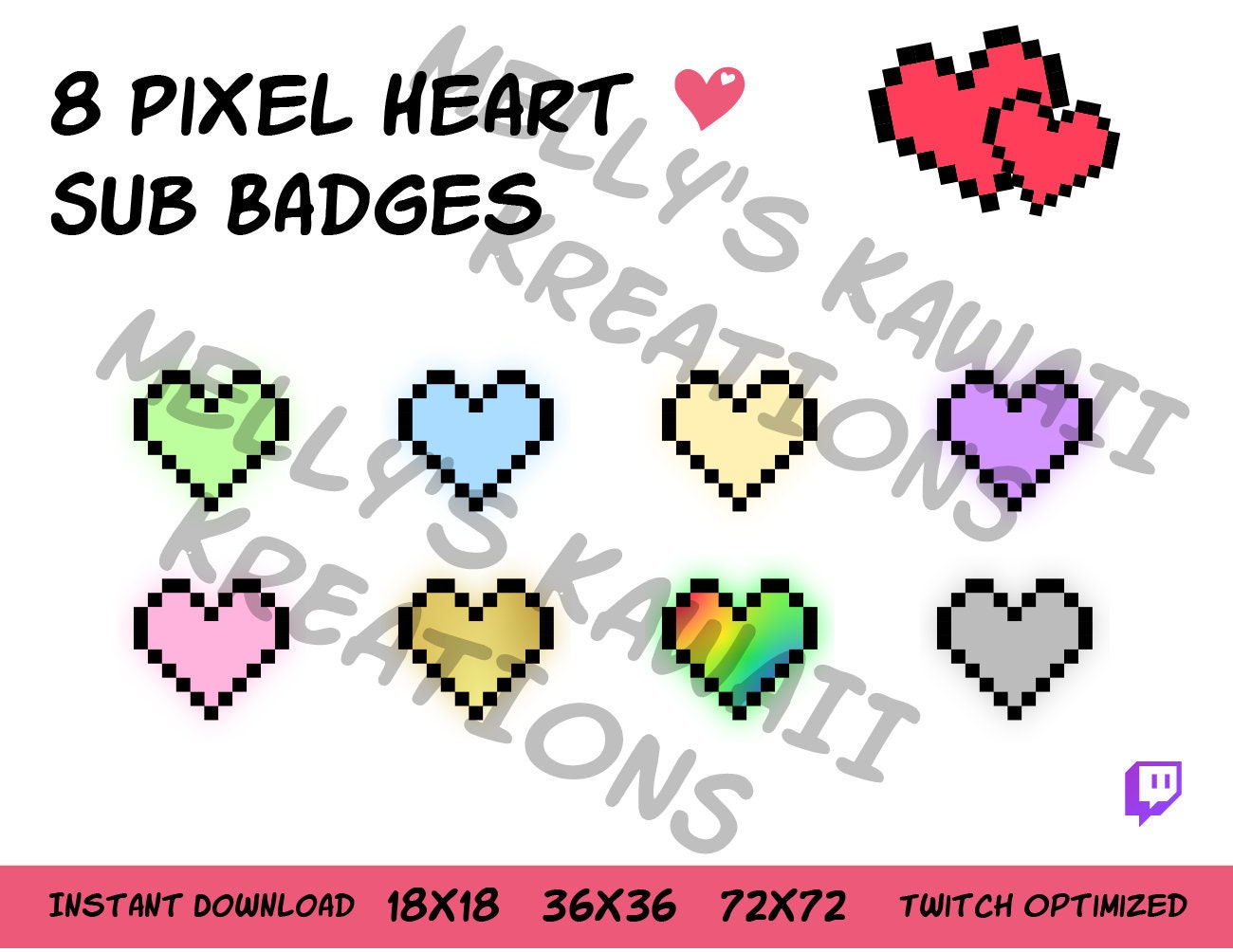 8 Pixel Heart Twitch Sub Badges Neon Sub Badges Twitch - Etsy