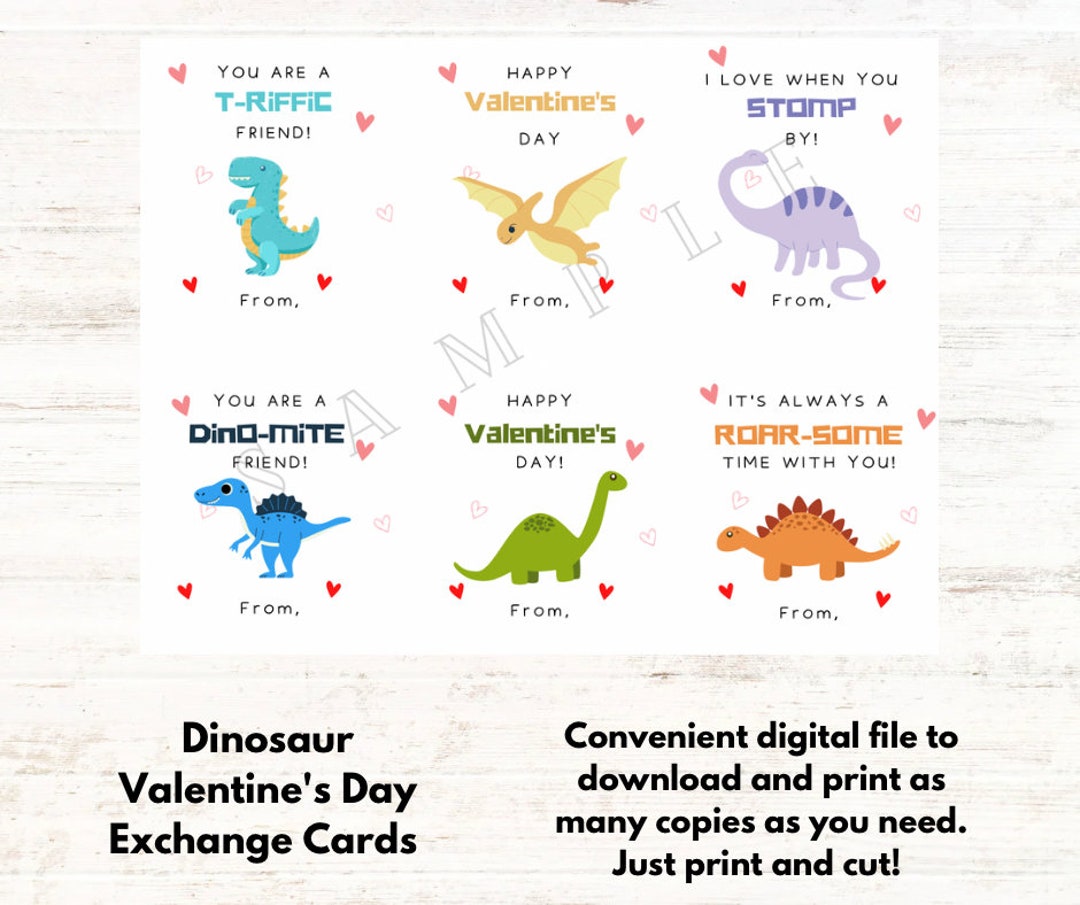 Dinosaur Valentine's Day Exchange Cards Printable - Etsy
