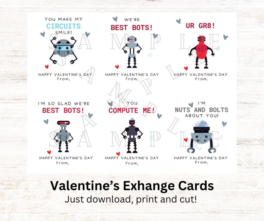 Robot Nuts and Bolts Valentine's Exchange Cards | Printable - Etsy