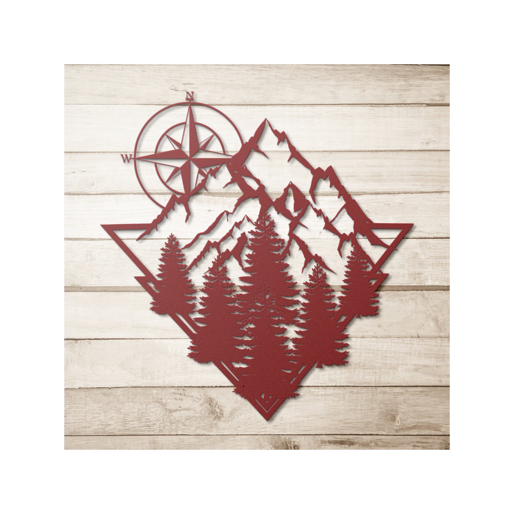 Mountains and Trees With Compass Wall Art Metal / Mountains Wall Art ...