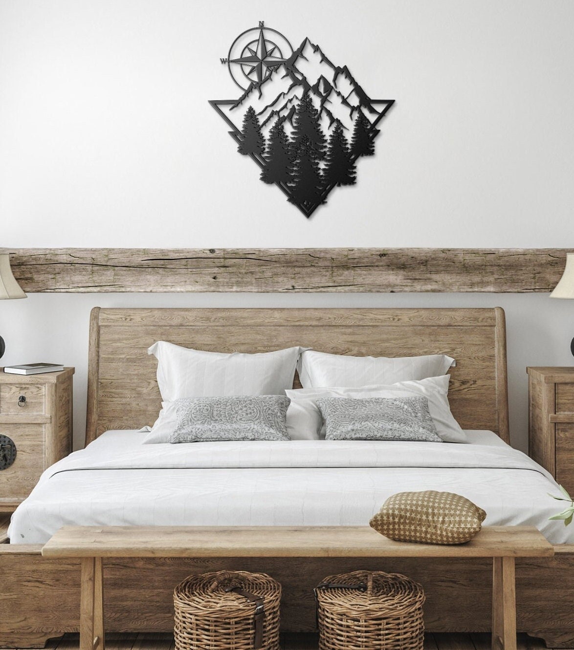 Mountains and Trees With Compass Wall Art Metal / Mountains Wall Art ...