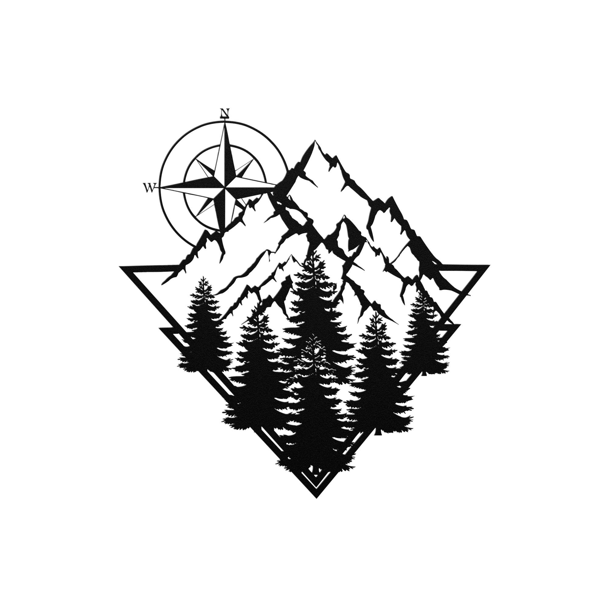 Mountains and Trees With Compass Wall Art Metal / Mountains Wall Art ...