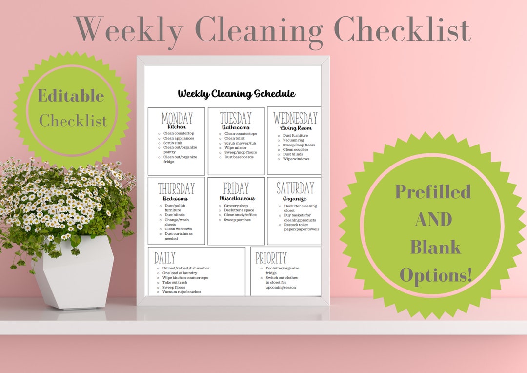 Printable Weekly Cleaning Checklist Printable Weekly Cleaning - Etsy